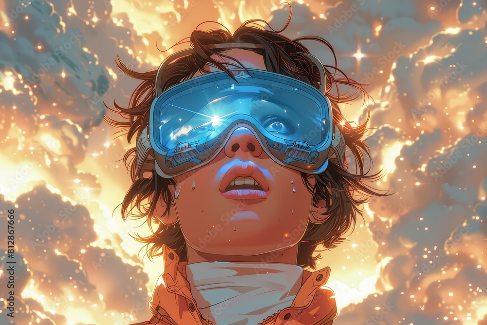 A young man with brown hair and blue goggles is standing in the center ...