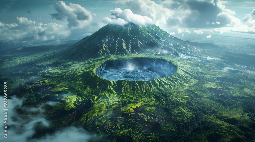 Aerial view of volcanic island showing lush vegetation and barren lava ...