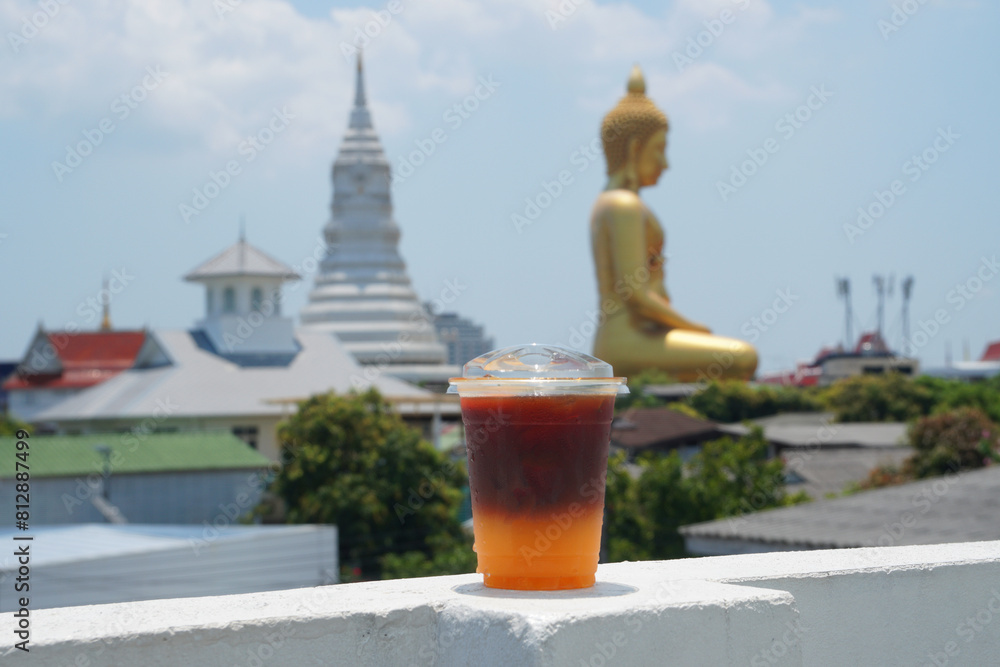 Orange Americano Coffee with Big Golden Buddha Dhammakaya Tep Mongkol ...