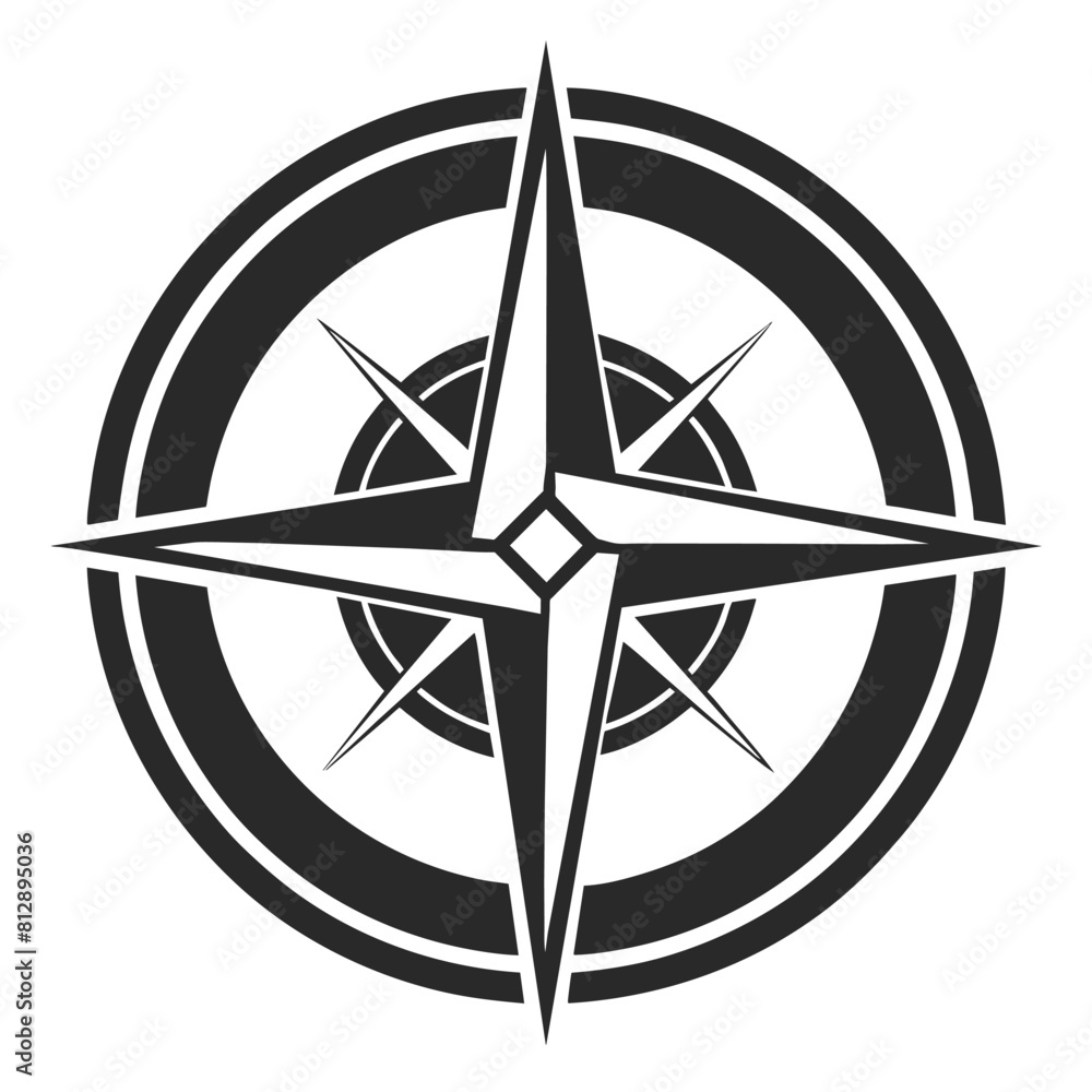 Black and white compass with clear markings, pointing north, on a plain ...