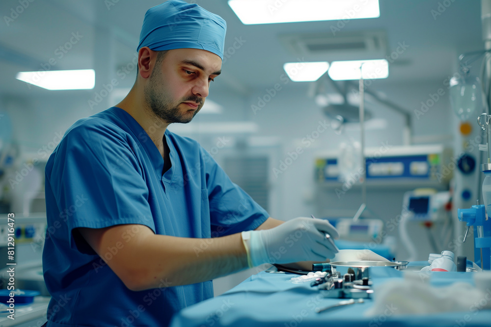 clinical environment, focused hands of a male surgeon as he prepares ...