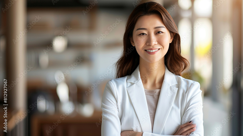 Smiling confident Korean Asian female pediatrist doctor in white lab ...
