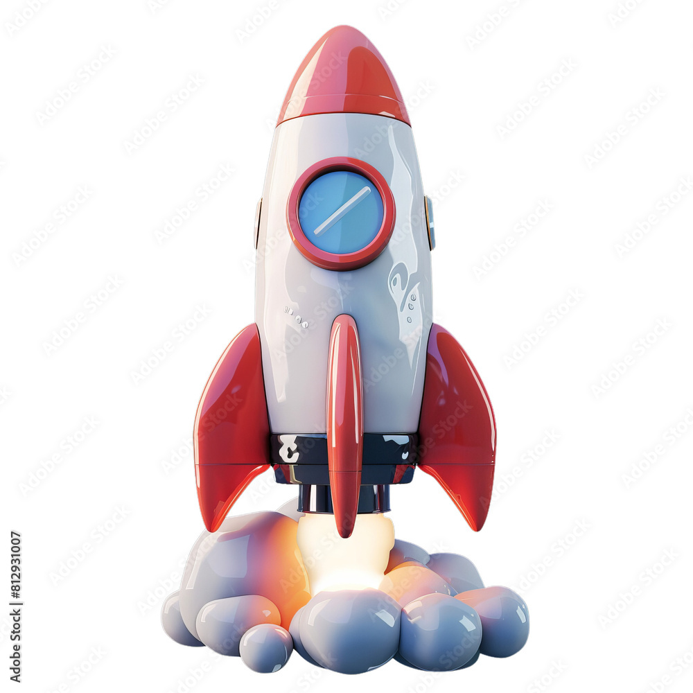 3D rendering of a cartoon rocket ship launching with a white background ...