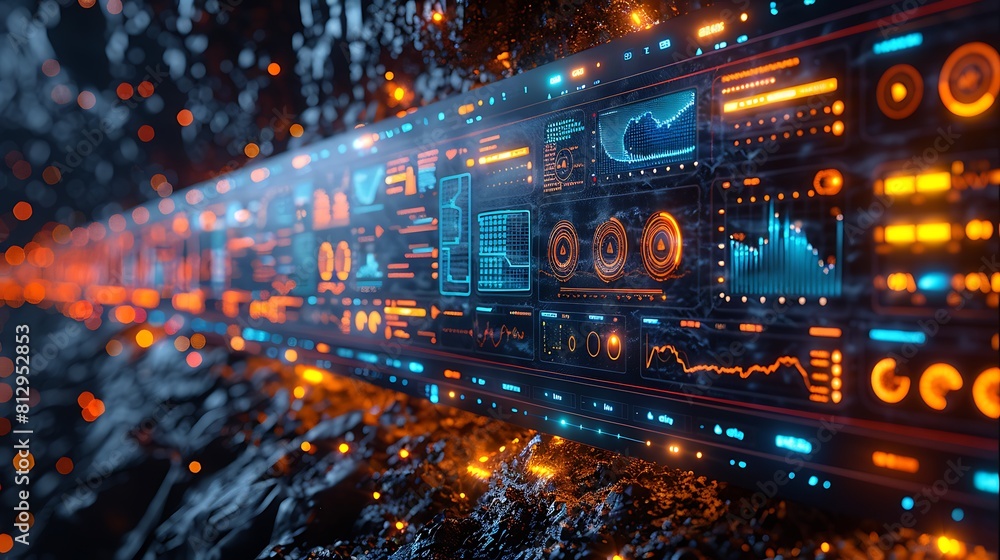 Hyperrealistic view of a mining operations monitor displaying detailed ...
