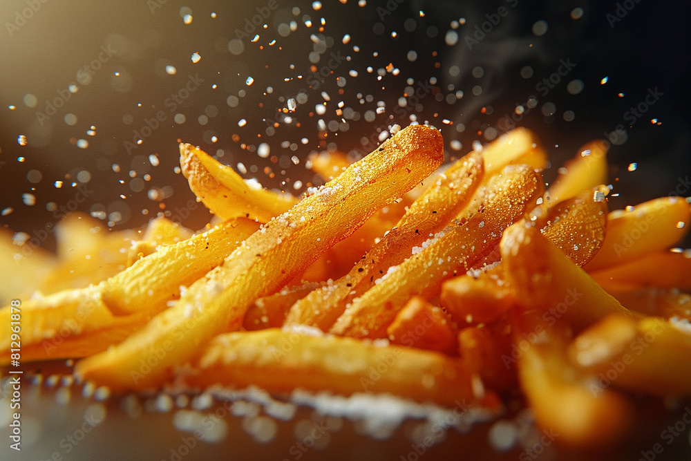 French fries being salted, side view, Crispy and golden, digital binary ...