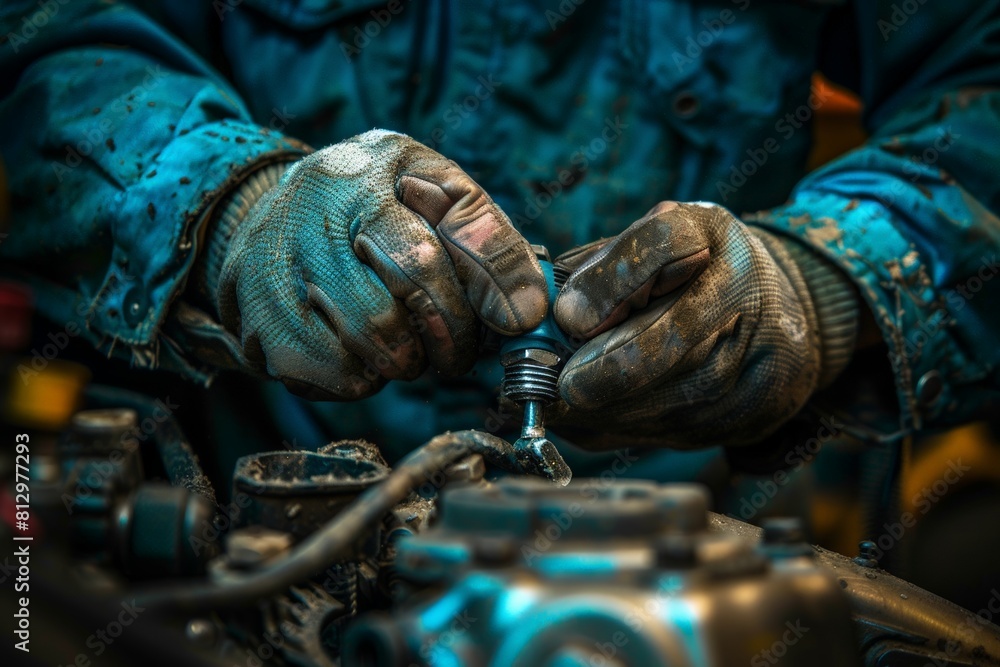 Auto mechanic working under the hood of a car, Hands in worn gloves ...