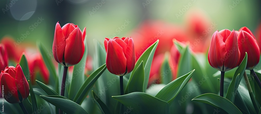 Closeup image of vibrant red tulip buds surrounded by lush green leaves ...