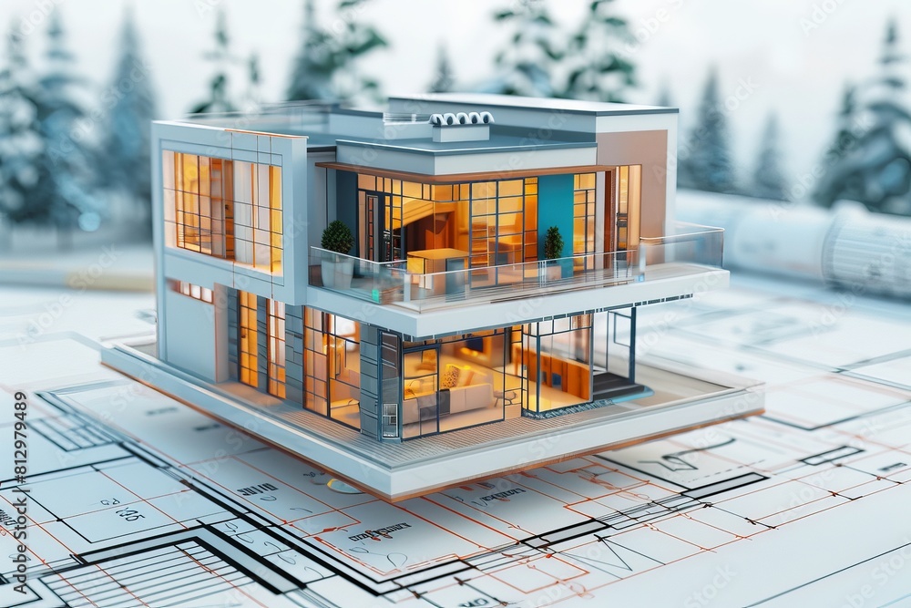 Detailed 3D hologram of a house design floating above a blueprint ...