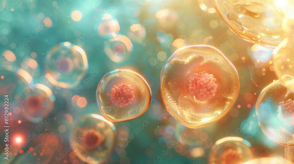 Embryonic stem cells, showcased in a vibrant, microscopic environment ...