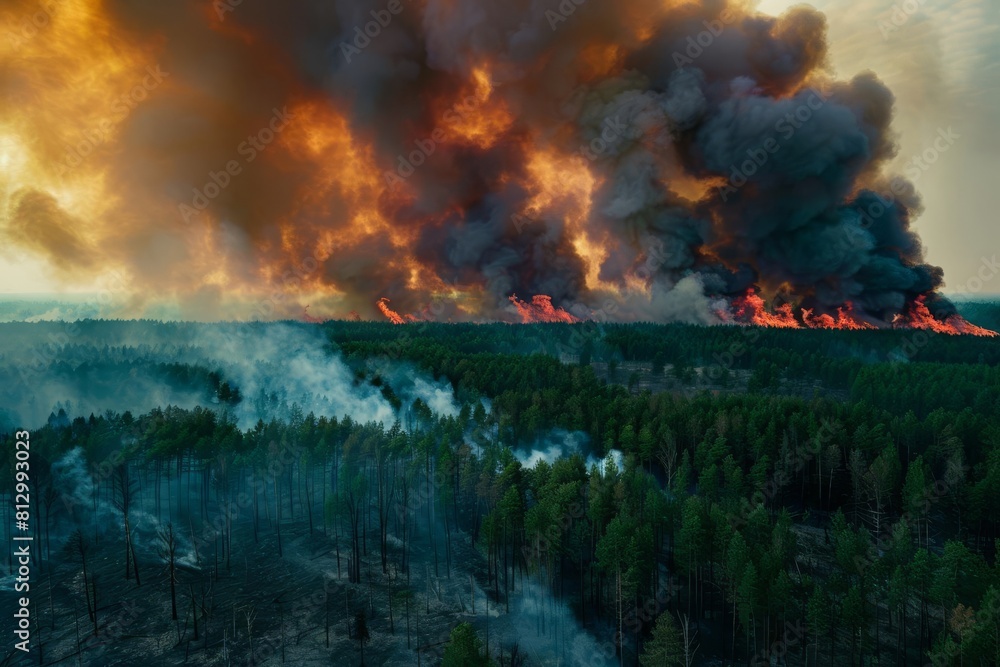 raging wildfire in dense forest billowing smoke clouds destructive ...