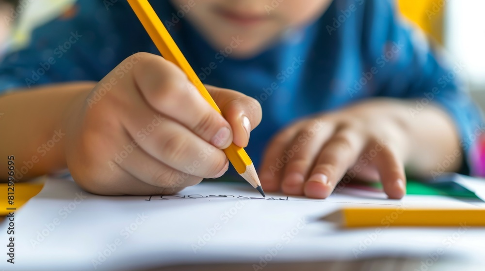 Close-up of child hands in process of sketching with pencil on craft ...