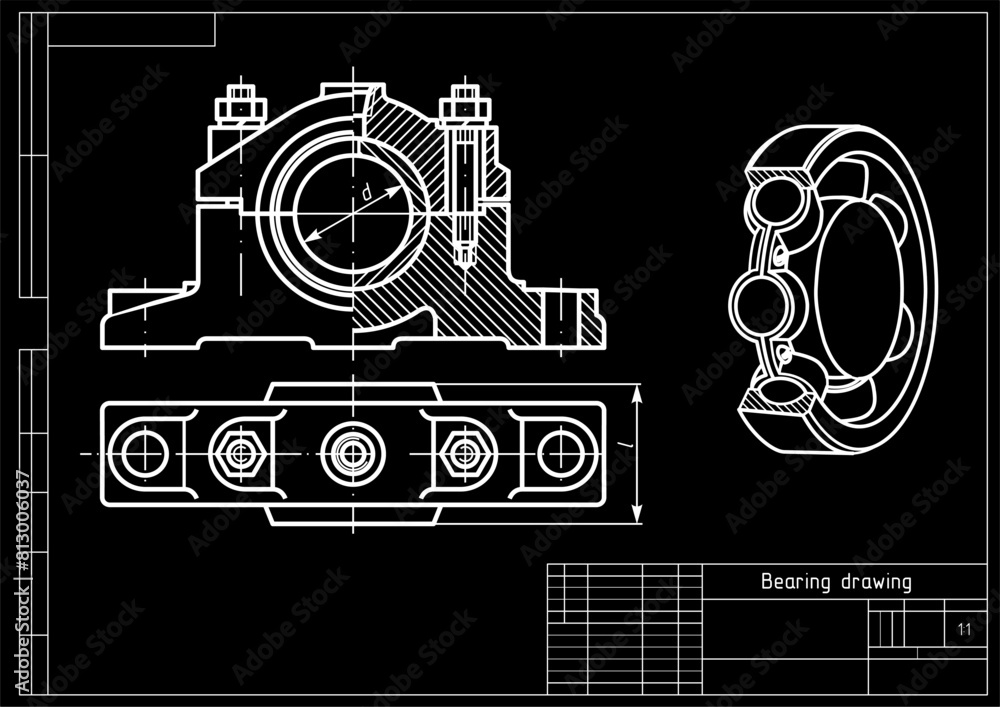 Vector drawing of steel mechanical part with through holes, dimension ...