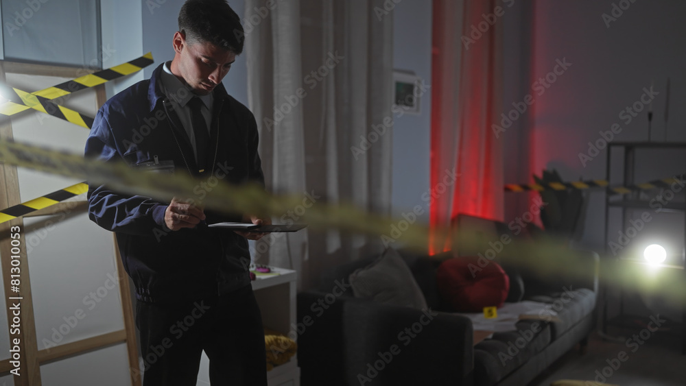 Hispanic detective investigates indoor crime scene in a house ...