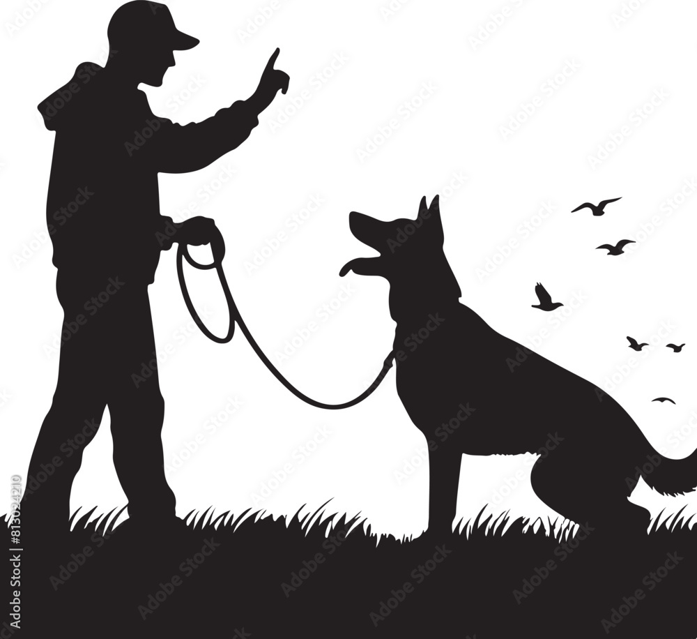 dog trainer instructing a dog on a field on vector black silhouette ...