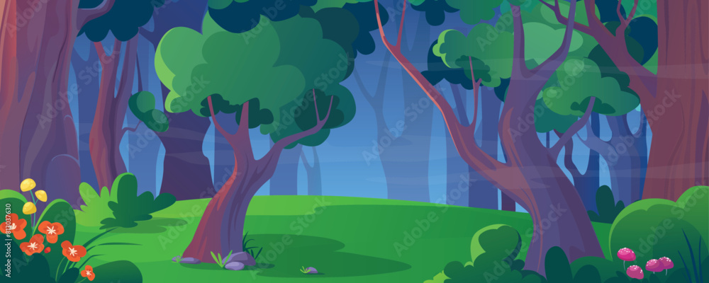 Summer forest background banner in cartoon design. Nature woodland ...