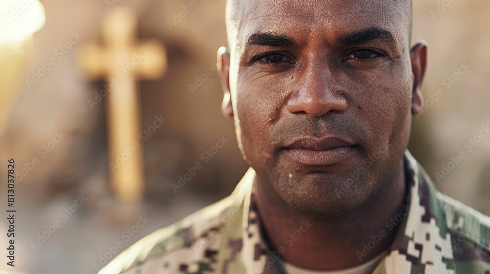 The close up picture of the military officer or soldier with cross ...