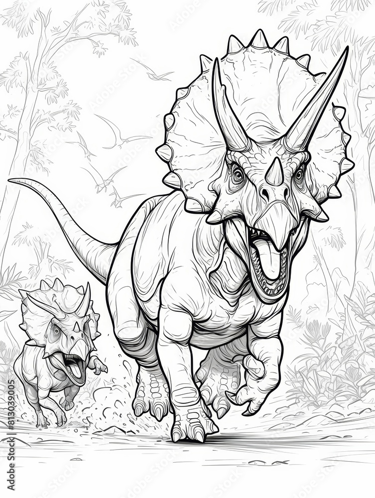 Children's coloring page, Triceratops and Tyrannosaurus rex running in ...