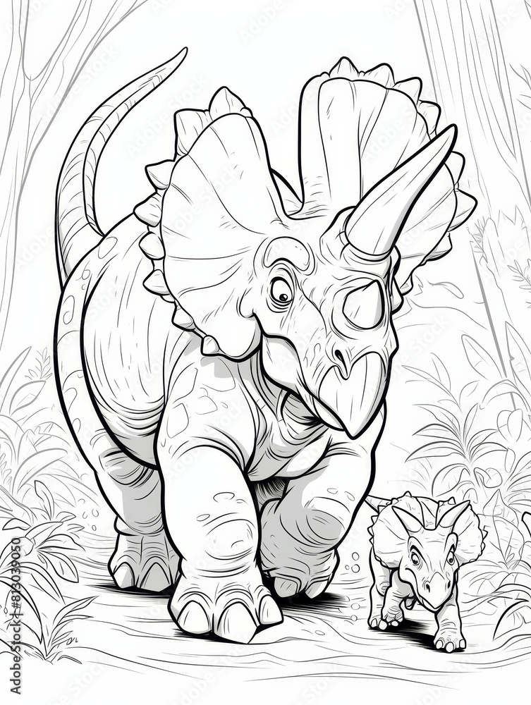 Children's coloring page, Triceratops and Tyrannosaurus rex running in ...
