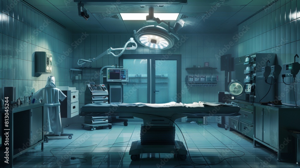 A chilling image depicting an empty, disorganized surgery room, giving ...