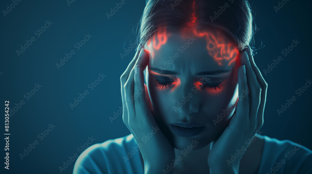 Dramatic portrayal of a young woman in severe pain, gripping her head ...