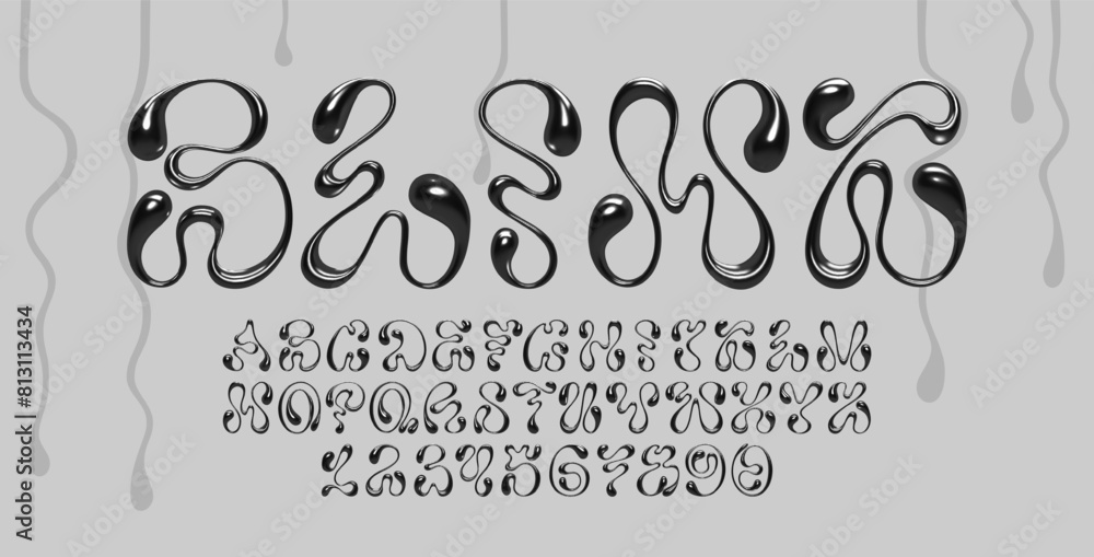 3D Y2K style font with fluid abstract wavy shapes of dripping liquid ...