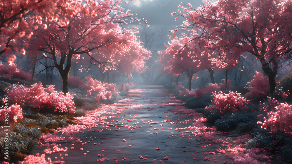 Enchanting cherry blossom trees lining a mystical path in a foggy ...