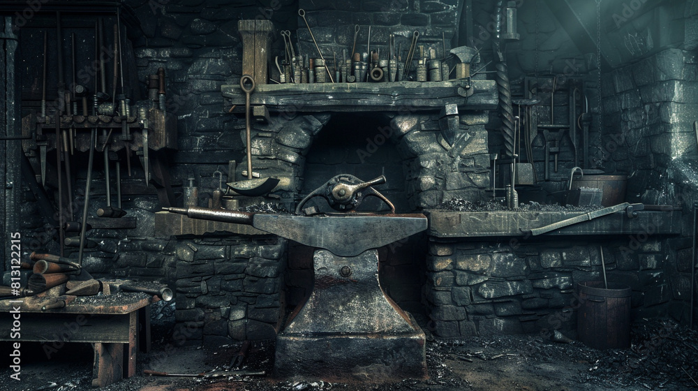 Empty medieval-style blacksmith shed with an anvil and forge, cold and ...