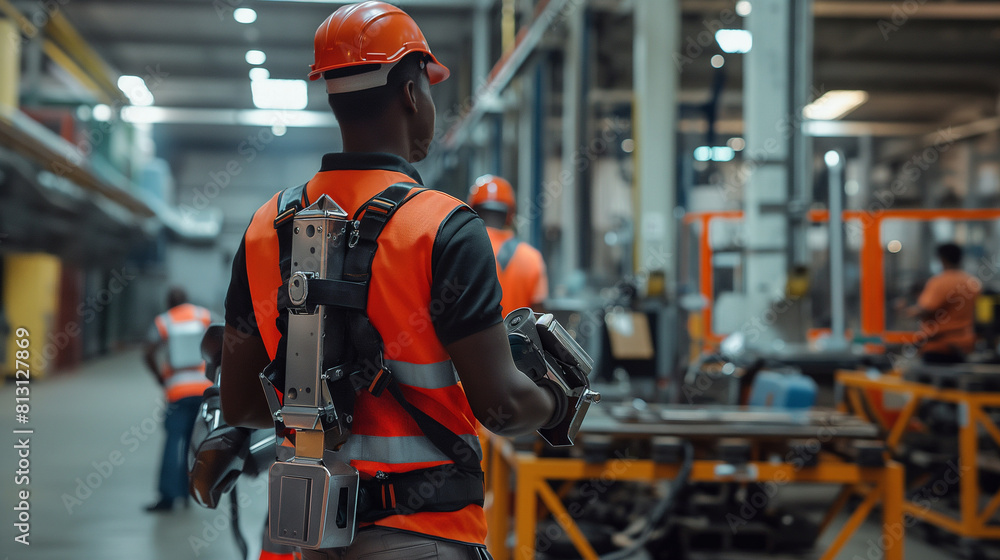 Workers using exoskeletons for heavy lifting in a production plant ...