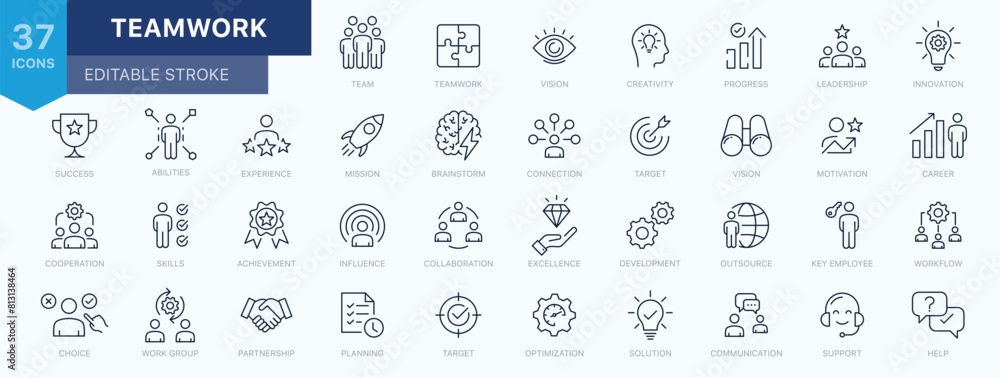 Teamwork icon set. Business team building, Work group and cooperation ...