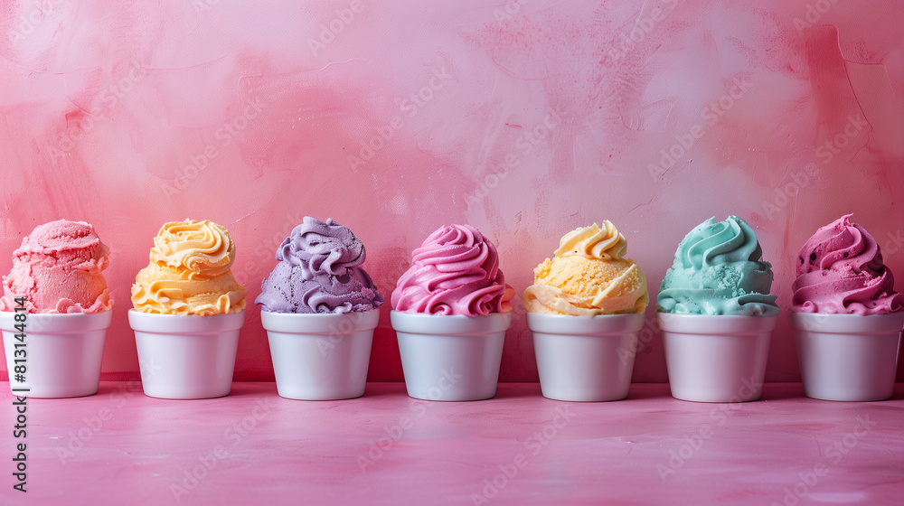 multi-colored ice cream in white cups: pink, purple, yellow, blue ...