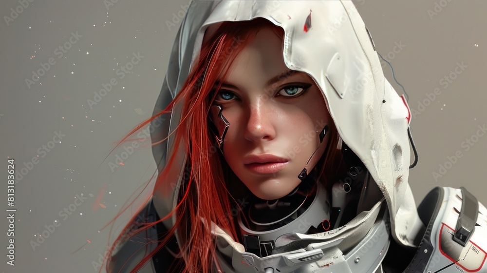 Cyberpunk 3d woman face character Beautiful red hair white hood ...