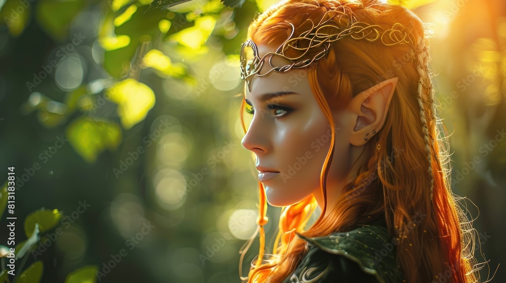 Warrior face of beautiful elf woman with orange hair in mystical forest ...