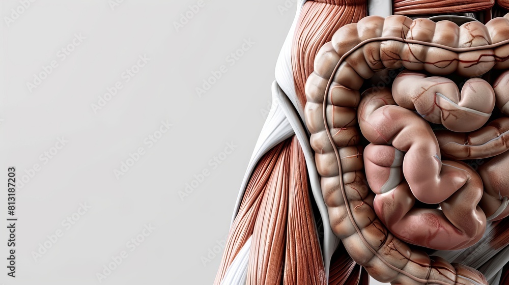 3D realistic illustration of the abdomen muscular system on a white ...