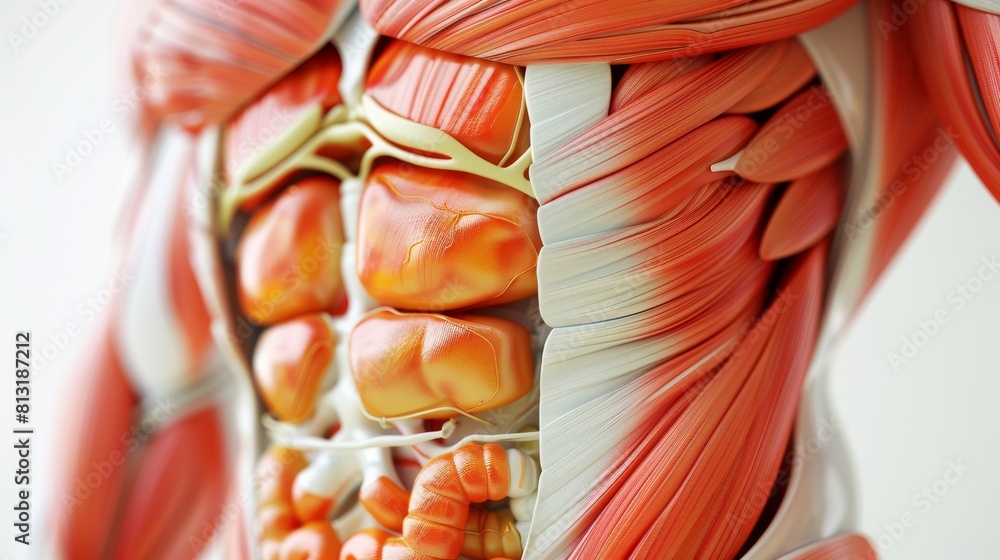 3D realistic illustration of the abdomen muscular system on a white ...