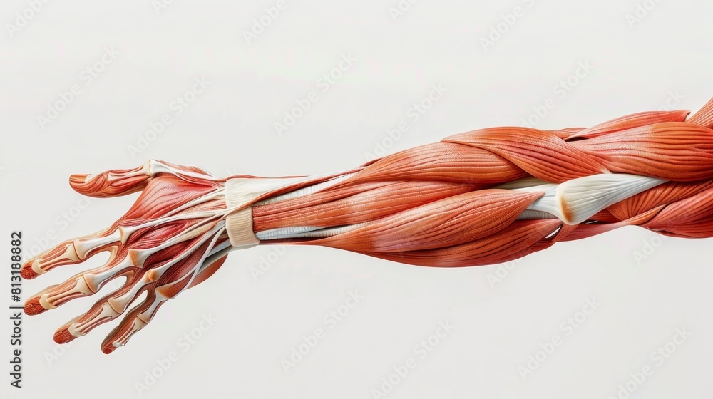 3D realistic illustration of the arm muscular system on a white ...