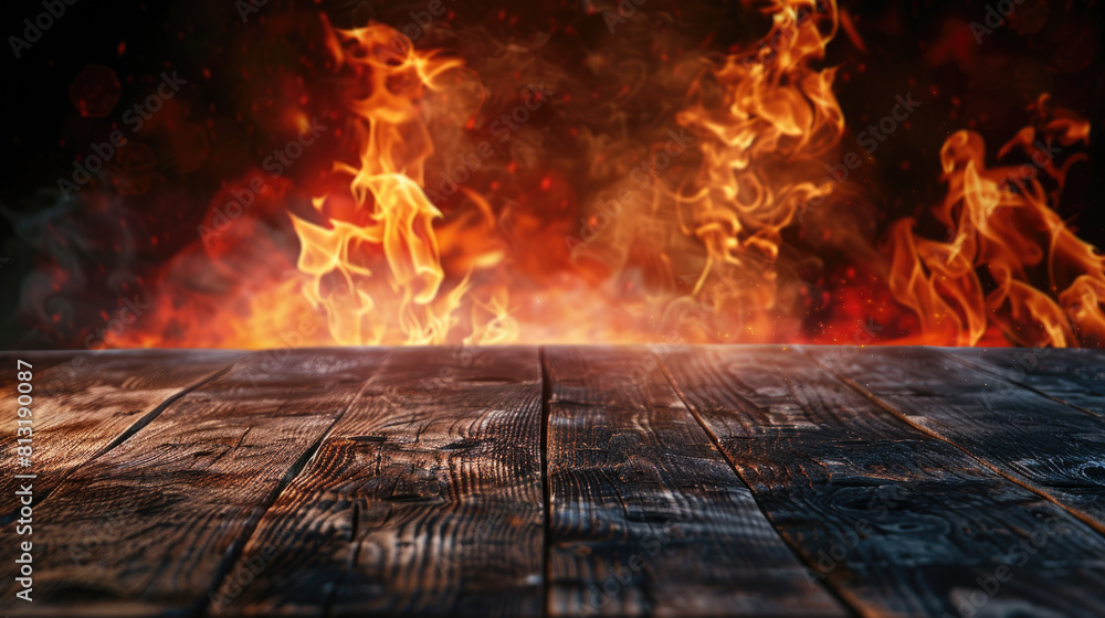 Burned wood planks as empty table on fire and smoke background, flame ...