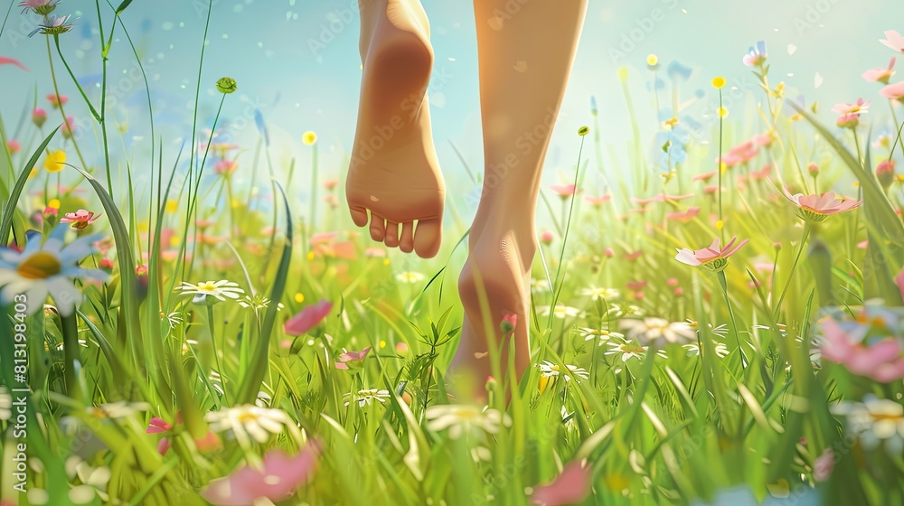 Woman feet walking of green summer meadow concept drawing painting art ...