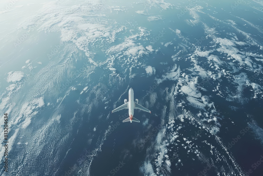An aerial view of a plane leaving the atmospheric boundary of Earth ...