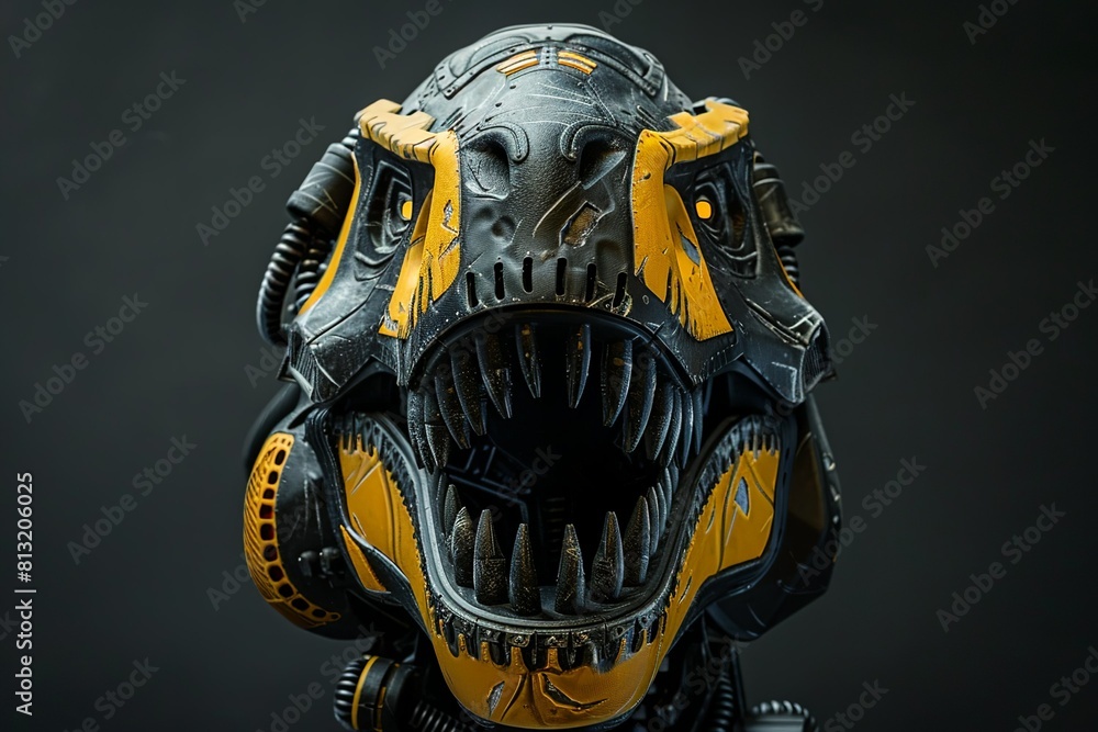 Dieselpunk dark sci-fi dinosaur robot mechanical head of a t-rex close ...