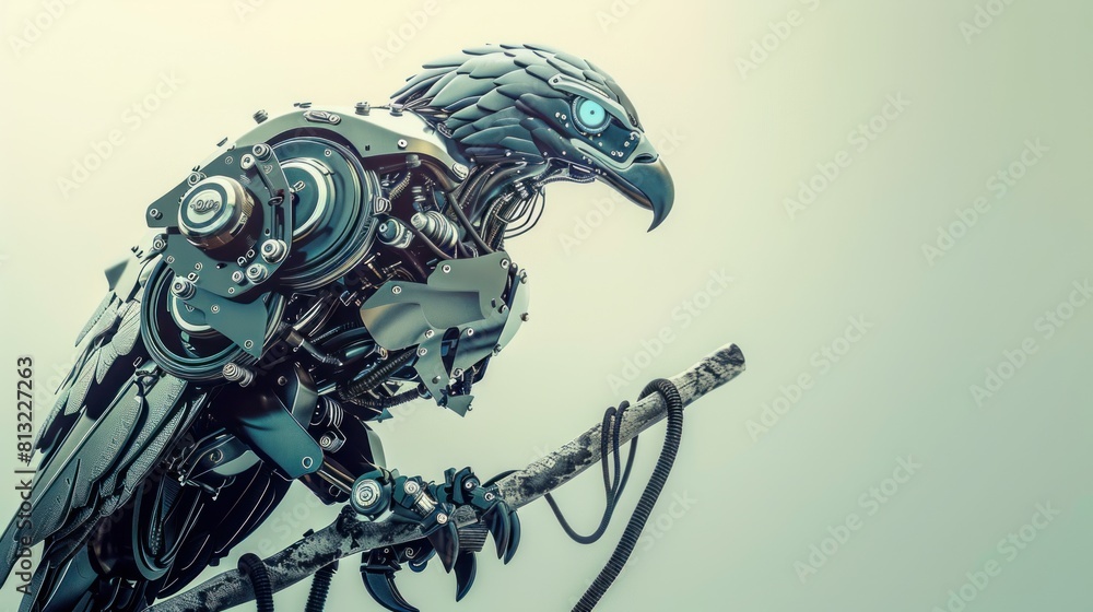 Robotic Eagle on a metallic tree branch, cyberpunk concept. generative ...