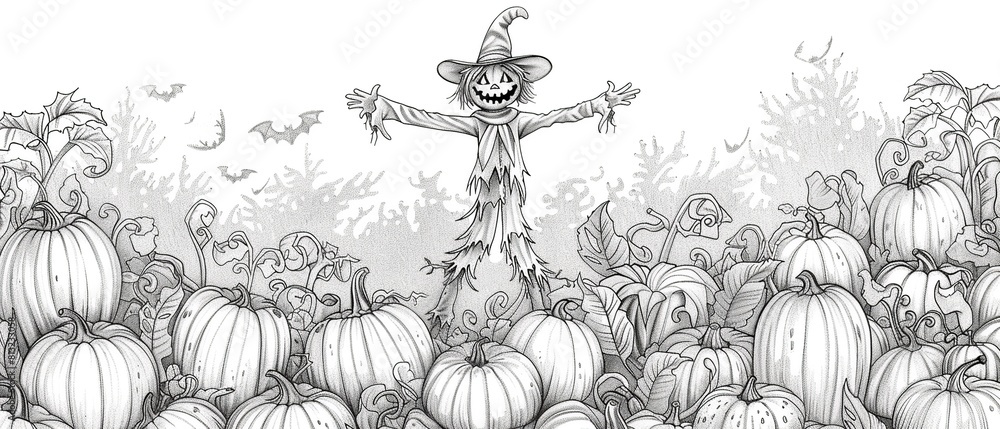 Scary Halloween coloring page with pumpkins, ghosts, bats and witches ...
