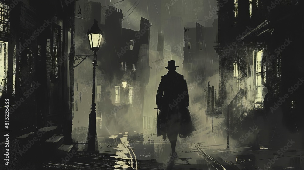victorian era detective walking through moody london streets at evening ...
