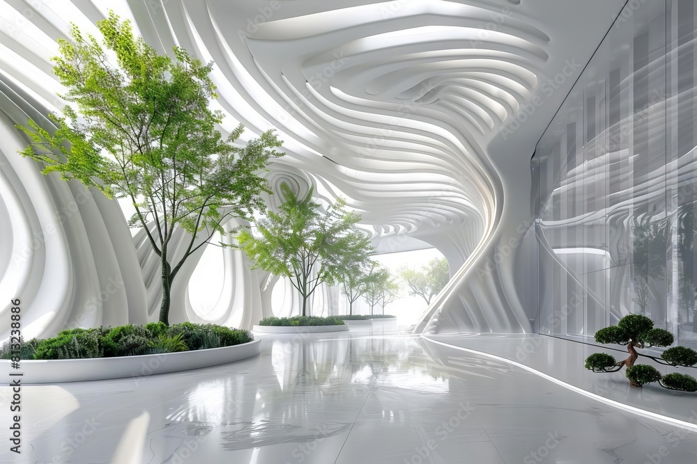 futuristic curved parametric hall interior with organic undulating white resin walls and ...