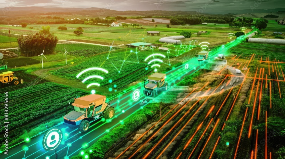 Smart farming technologies top view, visualizing IoT devices in action ...