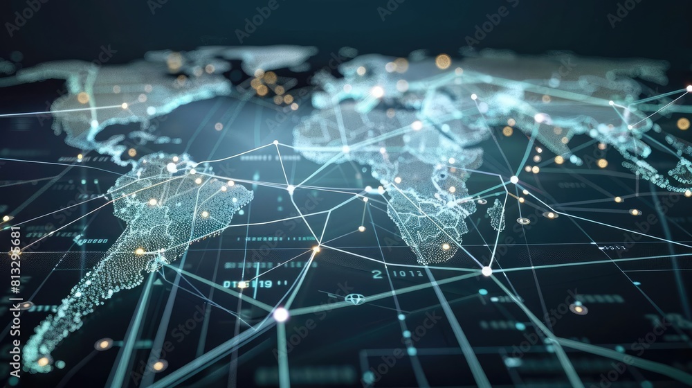 Cross-border data flow front view of streaming data lines across map ...
