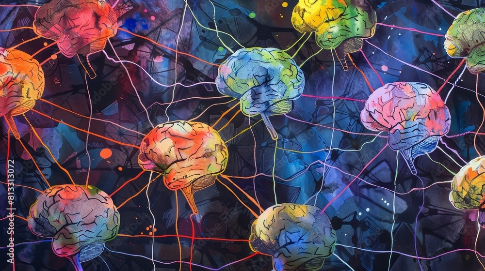 Watercolor of multiple human brains interconnected by a glowing grid ...