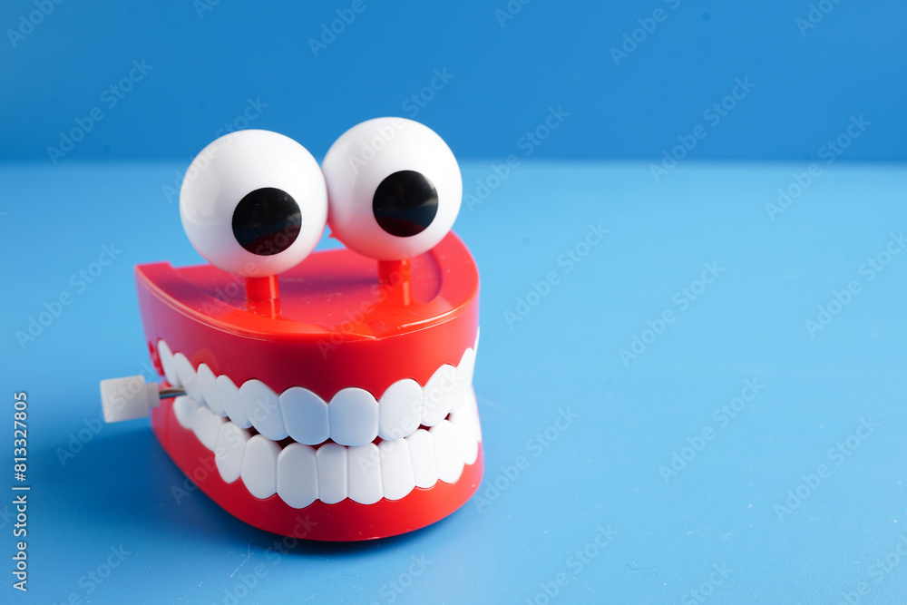 Funny red teeth with eye toy denture model for dental health care ...