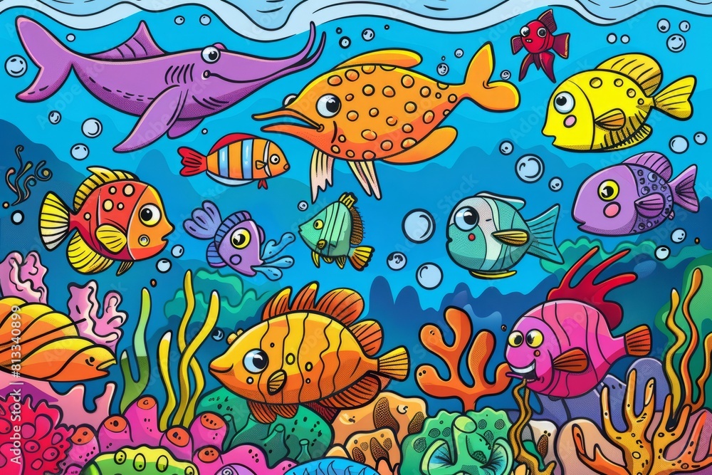 Cartoon cute doodles of a swimming competition among fish, with ...