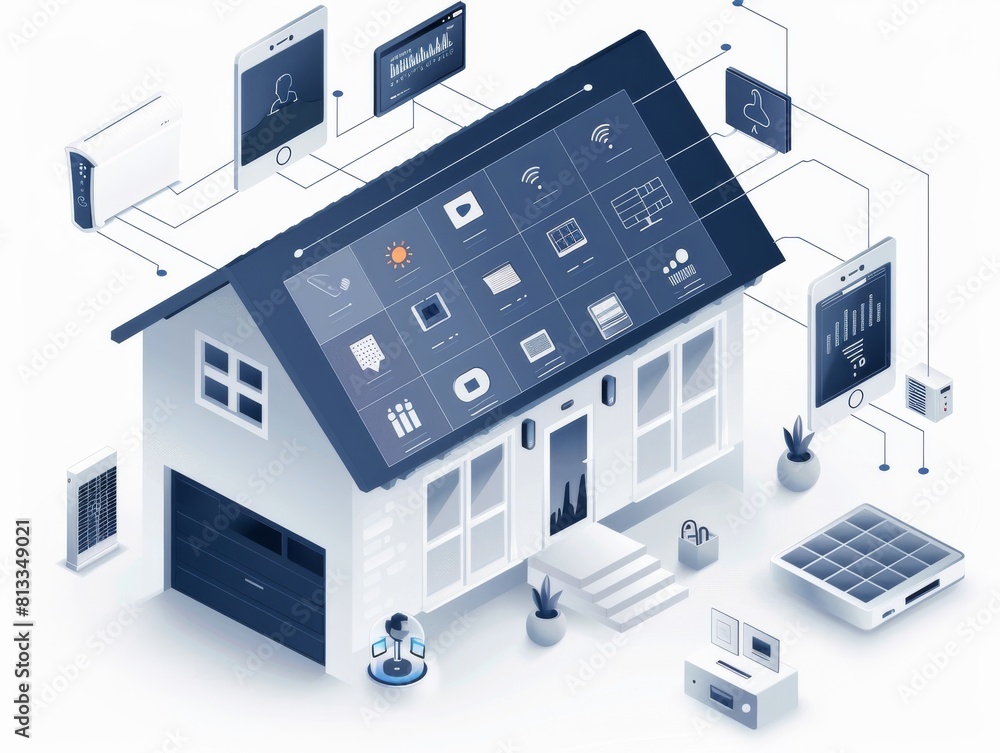 Detailed isometric illustration depicting a smart home system with ...