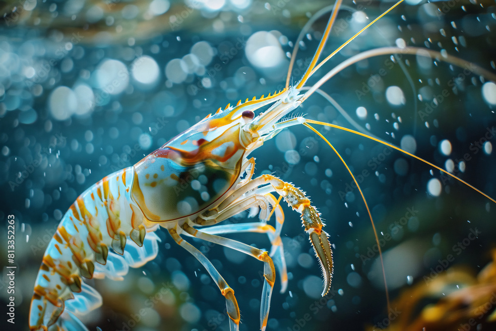 Giant shrimp and spiny urchin dwell in a vibrant underwater scene ...